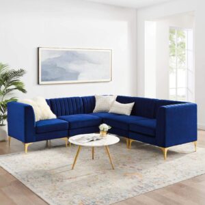 modway triumph channel tufted performance velvet 5-piece, l-shaped sectional sofa, navy