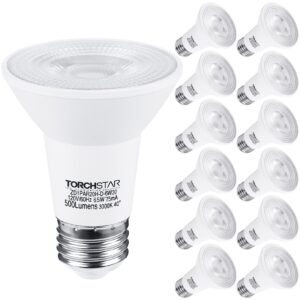 torchstar 12-pack par20 led bulbs, cri 90+ dimmable 500 lm led spotlight bulb, 3000k warm white, ul & energy star listed, 6.5w 50 watt equivalent, 40 degree beam angle, e26 medium base