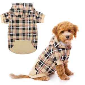 expawlorer plaid dog hoodie - british style soft and warm dog sweater with leash hole, hooded cold weather clothes, dog sweatshirt, outfits, winter coat for small medium large dogs