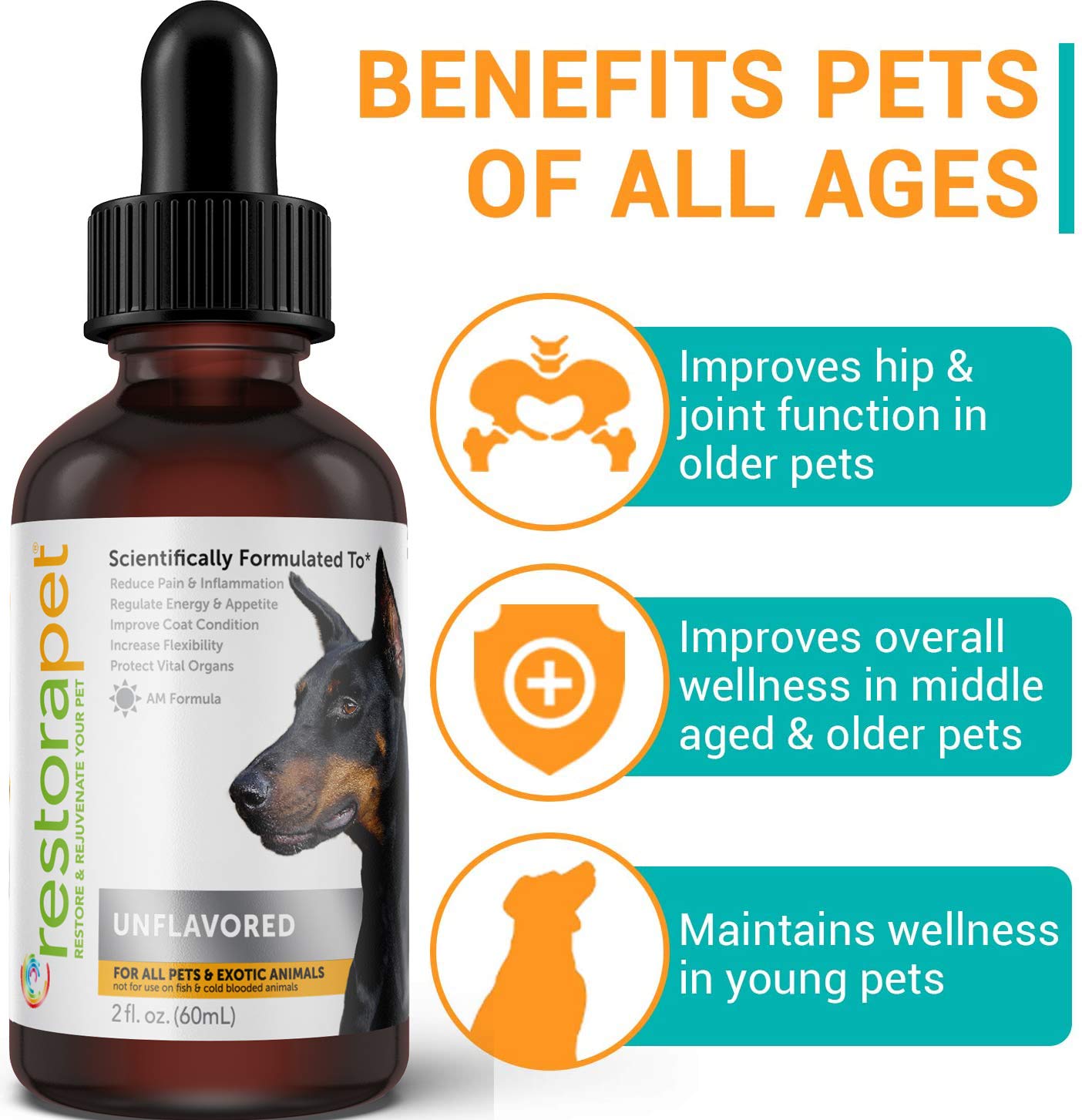 RestoraPet 2-Pack Dog & Cat Unflavored Liquid Multivitamin | Dog Arthritis Pain Relief | Hip&Joint Vitamins for Dogs | Anti Inflammatory Supplement for Dogs & Cats | Organic & Non-GMO, Vet Approved