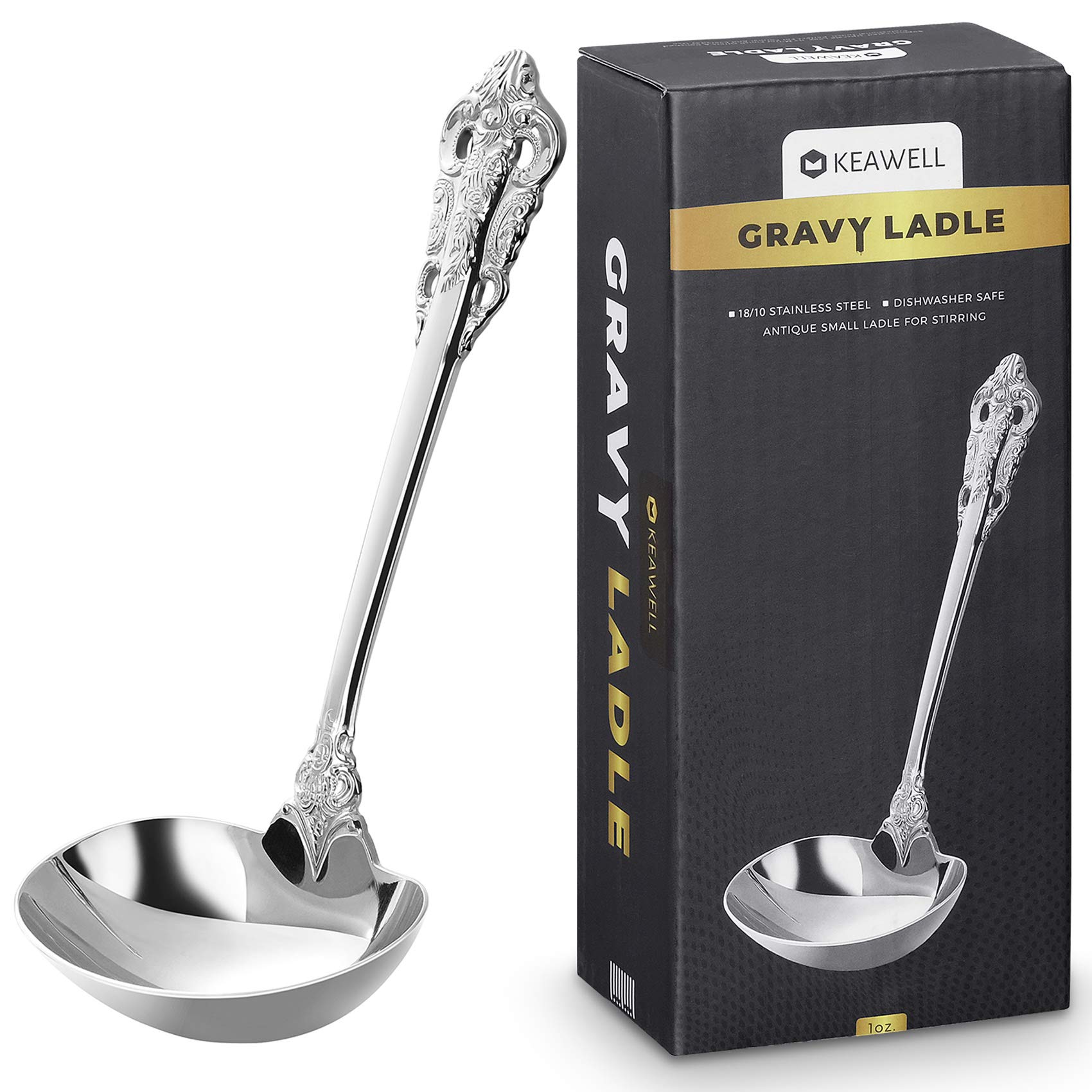 KEAWELL Gorgeous 1 oz. 18/10 Stainless Steel Gravy Ladle, Antique Small Ladle for Stirring, Mirror finished Soup Ladle Spoon and Dishwasher Safe (1, Silver)