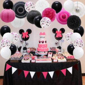 Meiduo Hot Pink White Black Party Decorations Paper Fans Lanterns Flower Pom Poms Felt Pennant Balloons for Lingerie Bridal Shower Minnie Mouse Themed Birthday Bachelorette Hen Party Valentine's Day