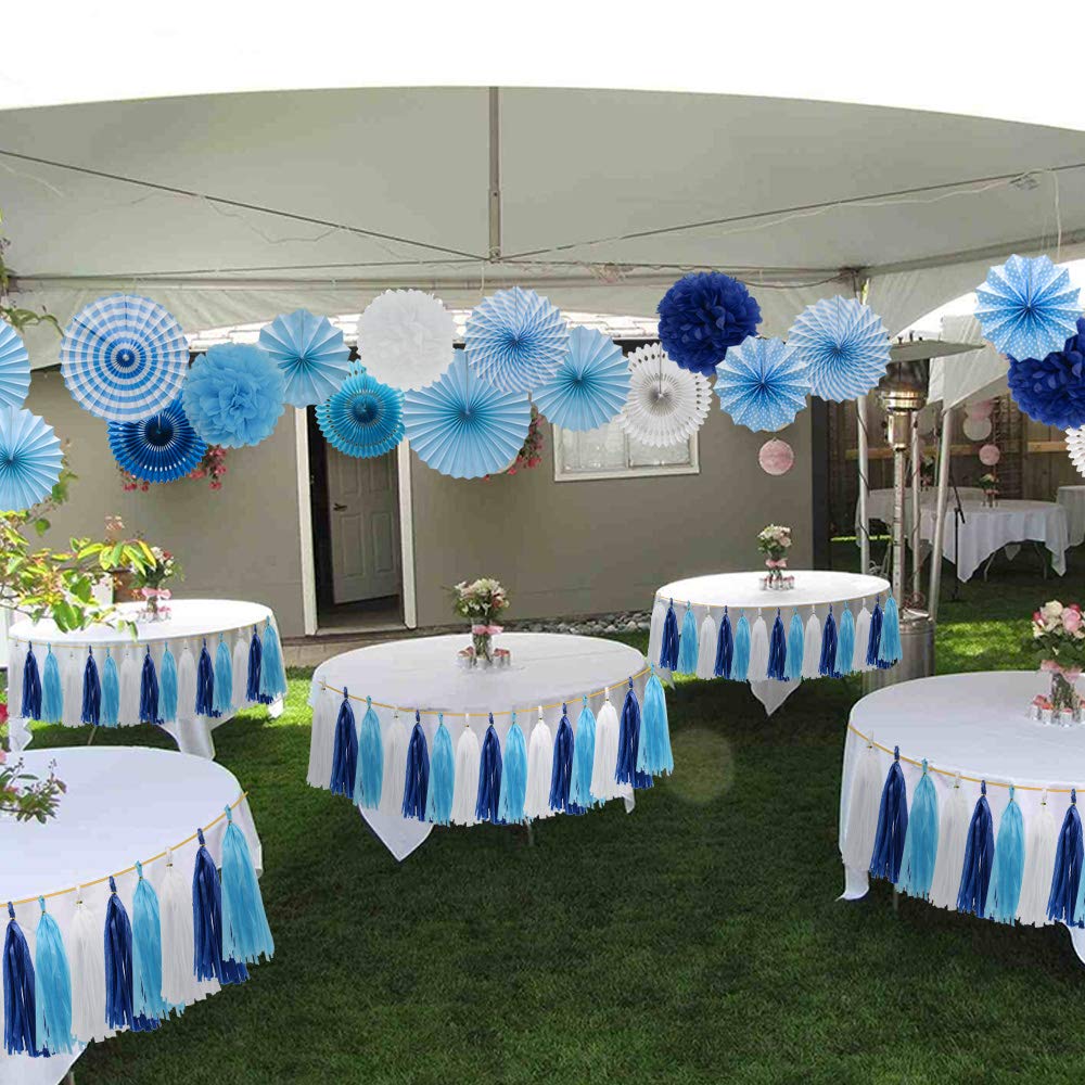 Meiduo Blue Party Decorations Hanging Paper Fans Pom Poms Flowers Tissue Tassel Garland for Elephant Shark Theme Kids Birthday Baby Shower Graduation