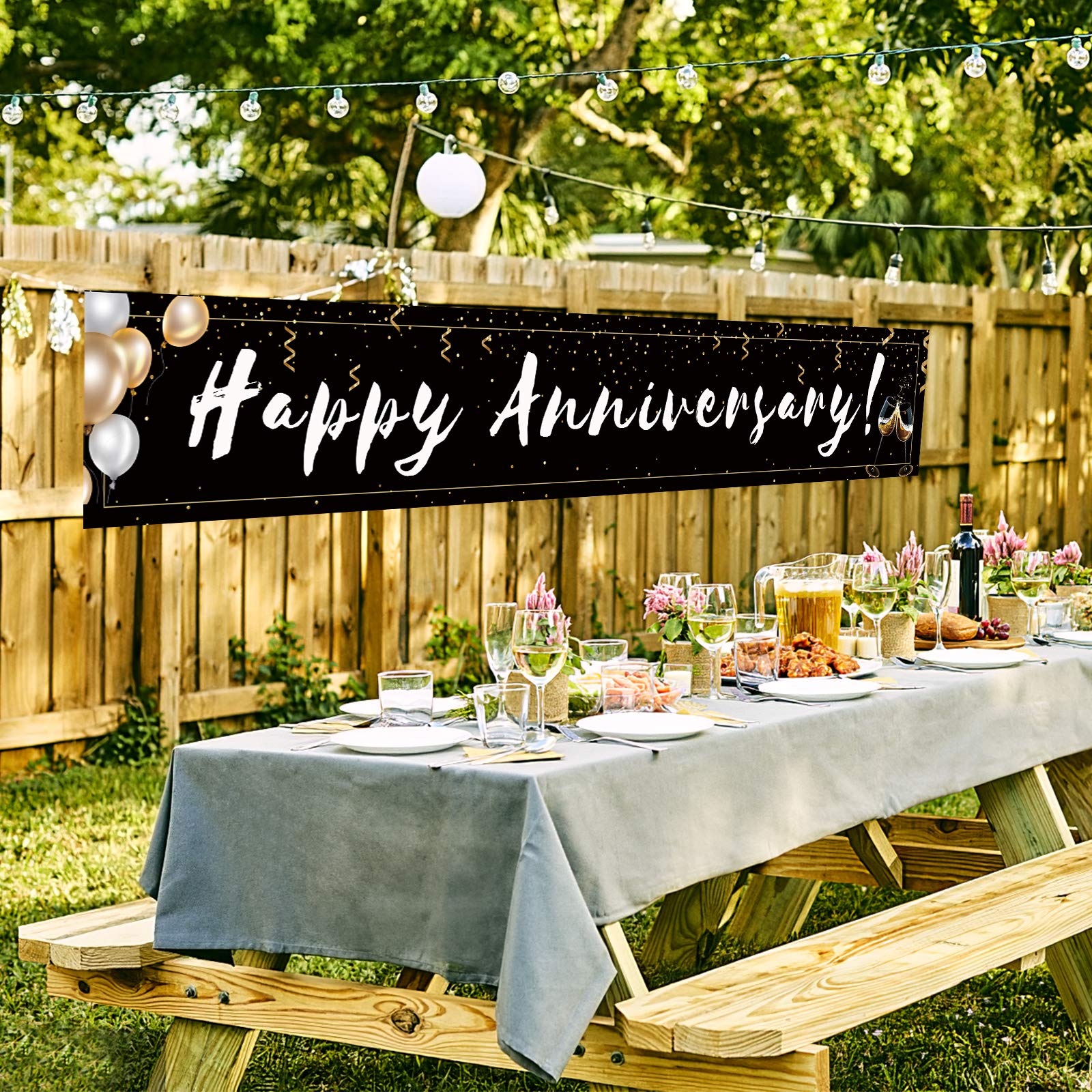 TZSS Happy Anniversary Decorations, Black Happy Anniversary Banner Yard Signs, Wedding Anniversary Decorations for Party（118" X 20"）