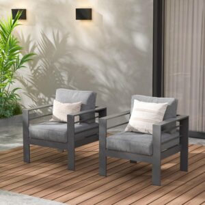 wisteria lane 2 pieces patio furniture aluminum armchair, all-weather outdoor single sofa, grey metal chair with dark grey cushions