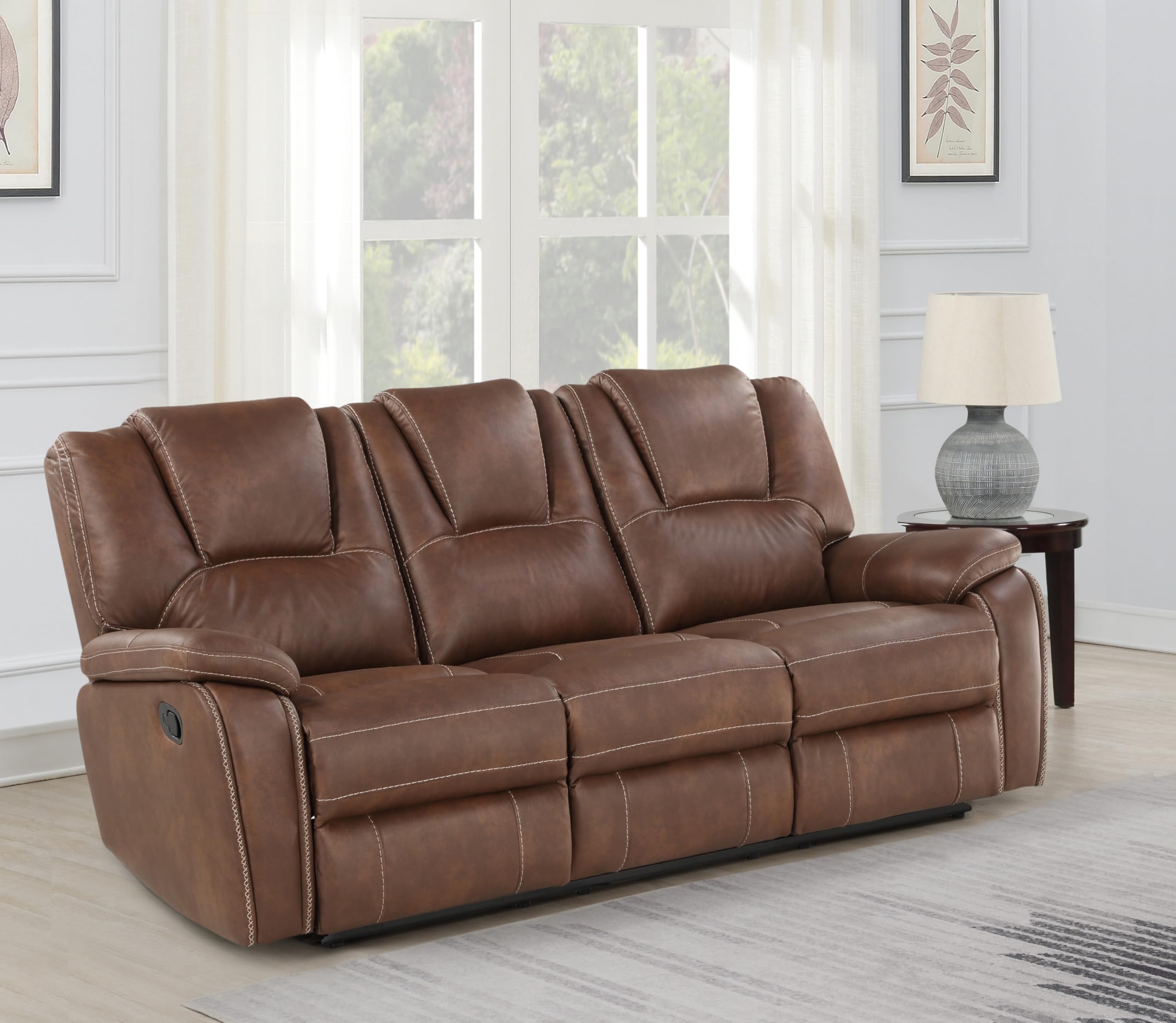 Steve Silver Katrine Reclining, Chestnut Brown Faux-Leather, Padded Armrests, Raised Headrest, Sinuous Spring Construction Sofas, 83.5 x 36 x 39