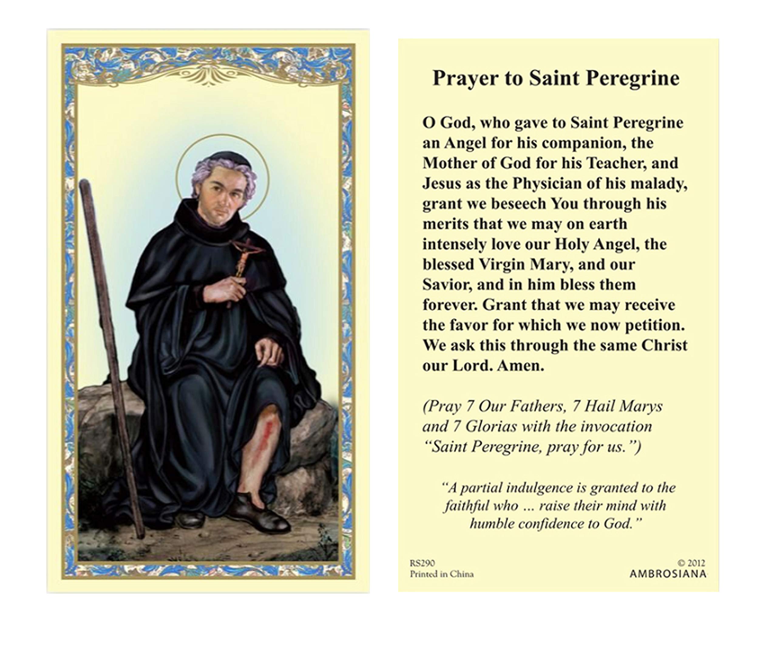 Saint Peregrine Religious Holy Card- Cardstock Card with Prayer to St Peregrine on the back (10 pack)