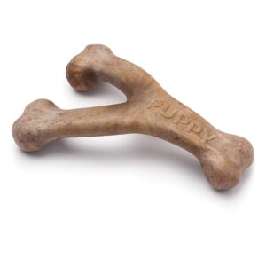 benebone puppy wishbone durable dog chew toy for gentle chewers, real bacon, made in usa, medium