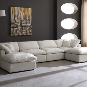 Meridian Furniture 602Cream-Sec6B Plush Collection Contemporary Down Filled Comfort Overstuffed Velvet Upholstered Modular U-Shaped Sectional 4-Seater and 2 Ottomans Cream