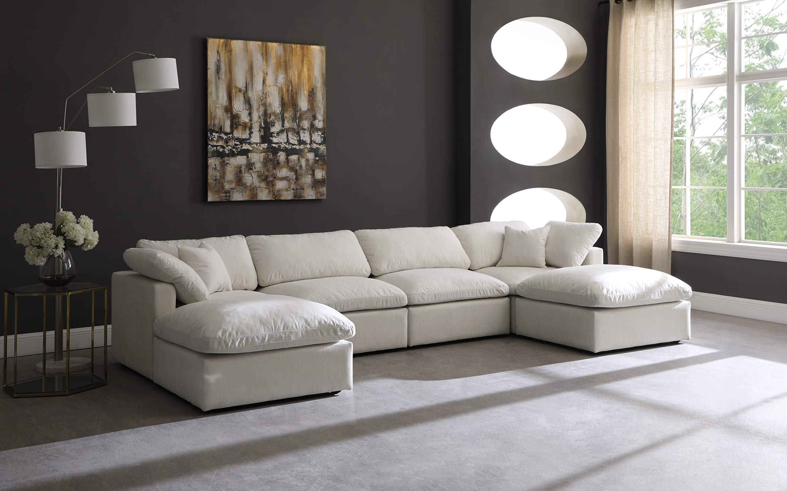 Meridian Furniture 602Cream-Sec6B Plush Collection Contemporary Down Filled Comfort Overstuffed Velvet Upholstered Modular U-Shaped Sectional 4-Seater and 2 Ottomans Cream