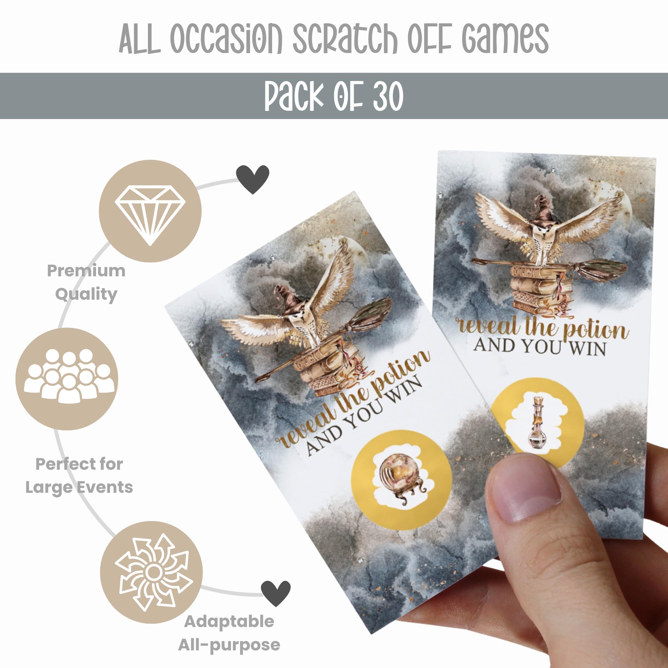 Magic Wizard Scratch Off Cards (30 Pack) - Owl Bridal Shower Games, Raffle Prize Drawings, Halloween Wedding Favors, Black and Gold Theme, Party Supplies, Prize Rewards, and Event Decorations