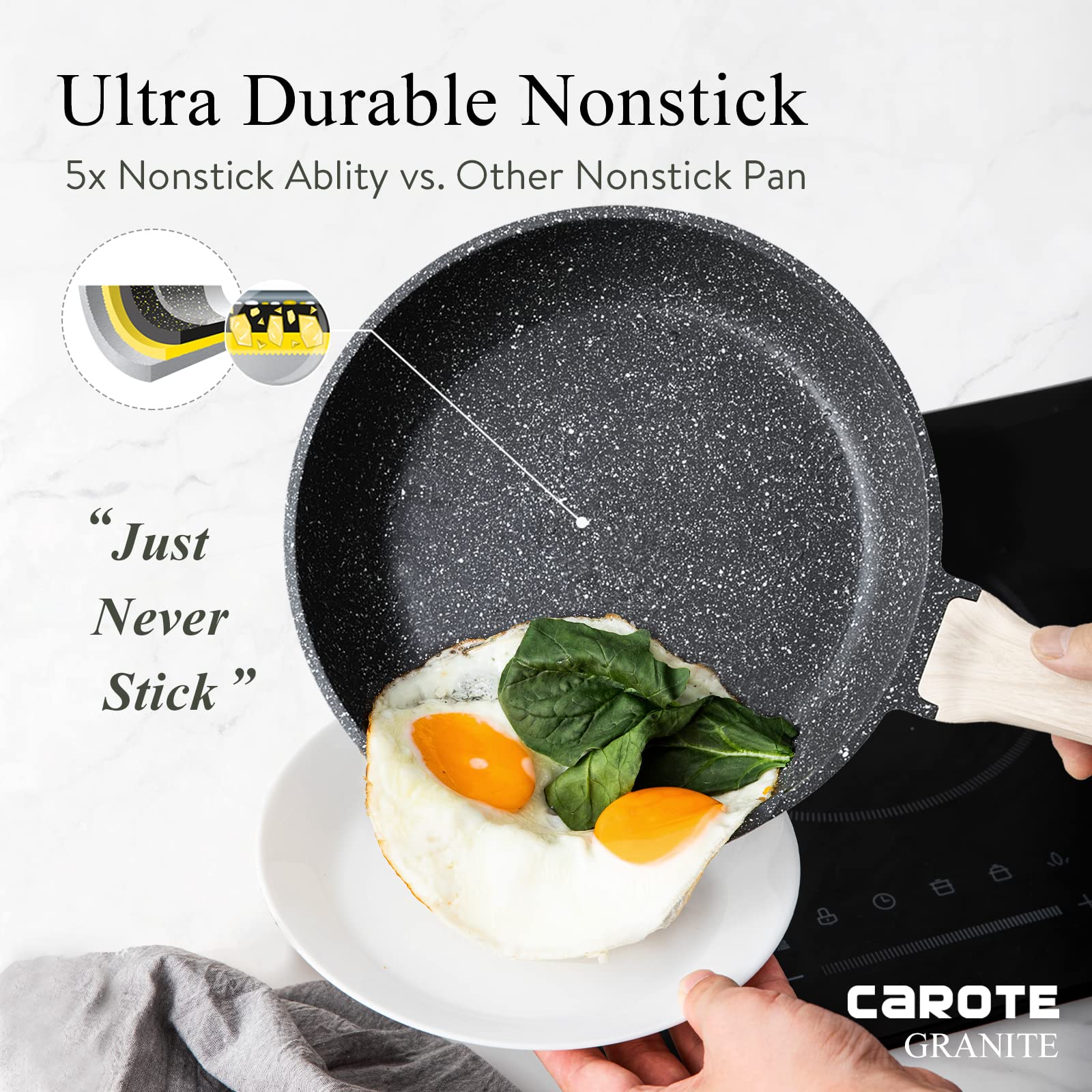 CAROTE Nonstick Frying Pan Skillet,Non Stick Granite Fry Pan with Glass Lid, Egg Pan Omelet Pans, Stone Cookware Chef's Pan, PFOA Free (Classic Granite, 10-Inch)