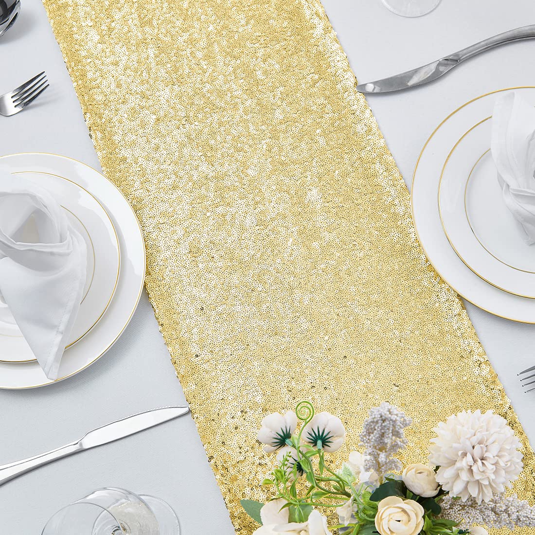 2 Packs 12 x 72 inches Gold Sequin Table Runner, Glitter Runner for Birthday Party Supplies Decorations Wedding Bachelorette Holiday Celebration Bridal Shower Baby Shower