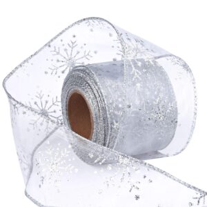 livder 2.5 inch wide christmas wired ribbon snowflake organza sheer glitter ribbon for xmas tree, wreath, party decoration, gift wrapping (silver-white, 10.9 yards)