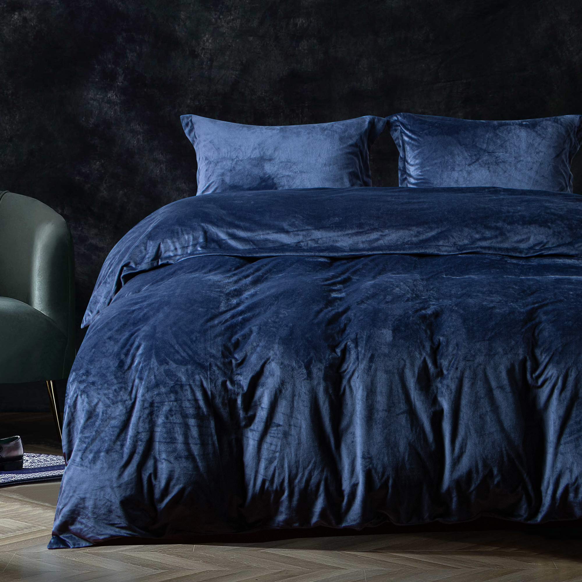 FLXXIE Velvet Duvet Cover Set, 3 Pieces Luxury Ultra Soft Zippered Flannel Comforter Cover Set, Navy Blue, King