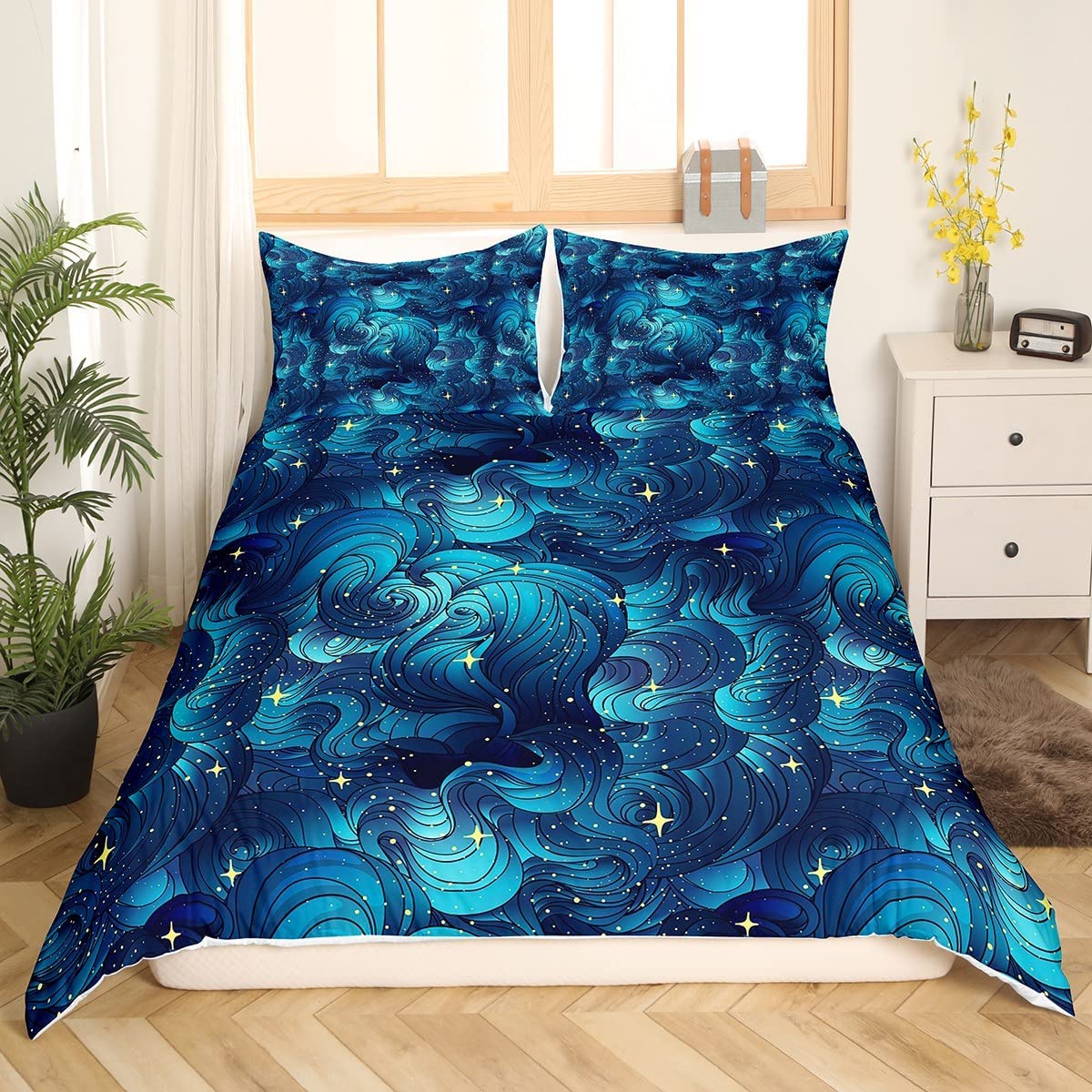 Erosebridal Starry Sky Comforter Cover, Fantasy Night Stars Nebula Comic Cartoon Curled Wave Japanese Style Duvet Cover, Decorative 3 Piece Bedding Set with 2 Pillow Shams, Full Size, Blue Gold