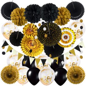 zerodeco black and gold party decorations, confetti balloons decorative folding fans paper pompoms triangle bunting flags garlands for graduation wedding birthday photo backdrop party decorations