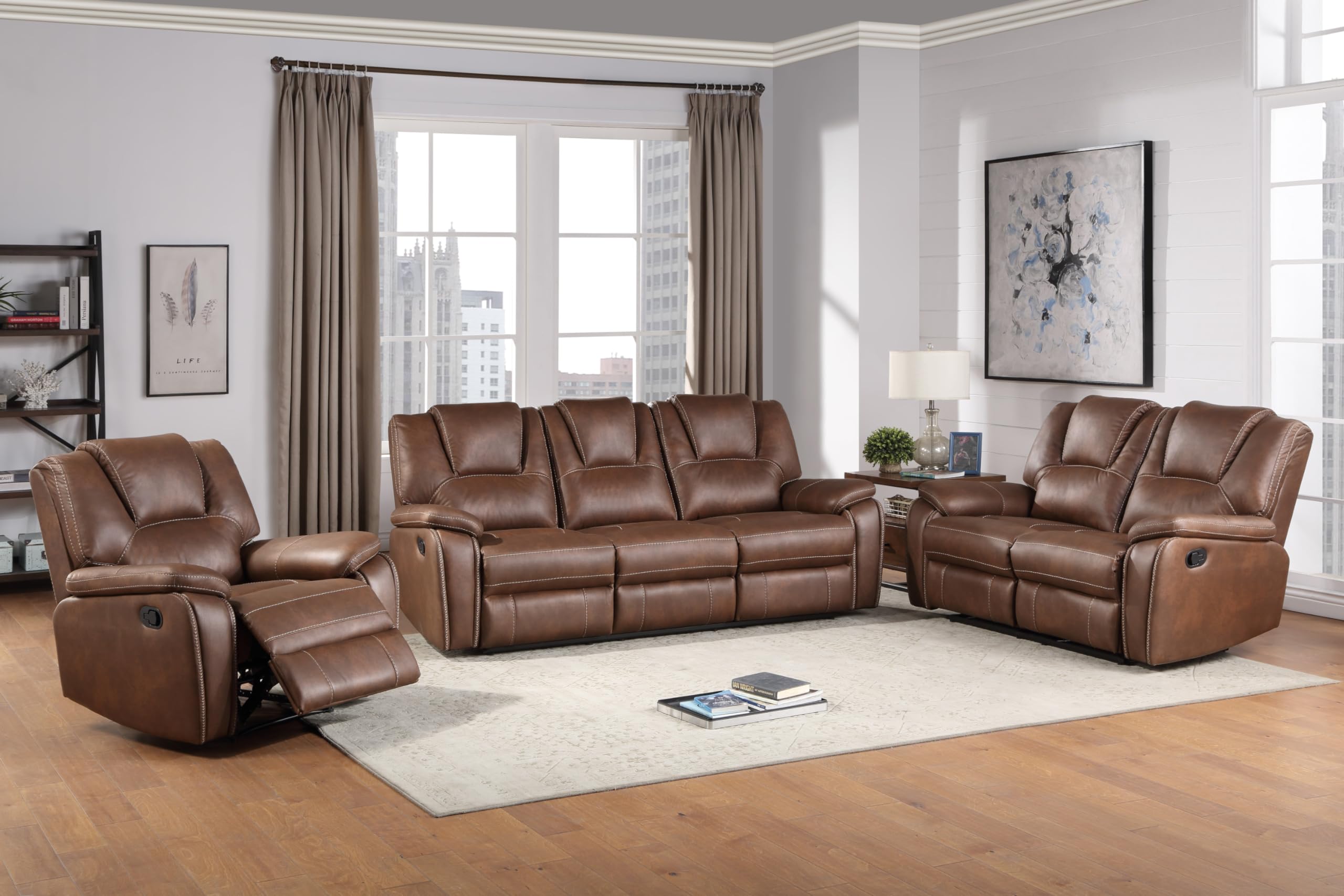 Steve Silver Katrine Reclining, Chestnut Brown Faux-Leather, Padded Armrests, Raised Headrest, Sinuous Spring Construction Sofas, 83.5 x 36 x 39