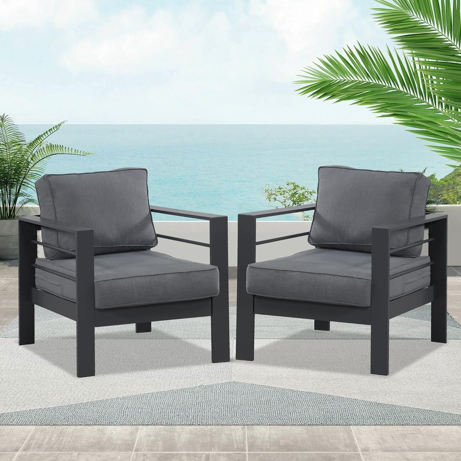 Wisteria Lane 2 Pieces Patio Furniture Aluminum Armchair, All-Weather Outdoor Single Sofa, Grey Metal Chair with Dark Grey Cushions