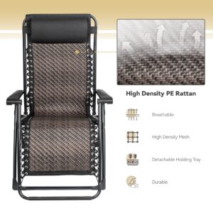 Incbruce Zero Gravity Folding Recliner Chair, Adjustable Patio Lounge Chaise, Outdoor Wicker Rattan Furniture with Cup Holder and Pillow for Poolside, Yard, Beach (Gradient Brown)