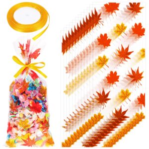 100 pieces fall cellophane bags thanksgiving halloween party favor maple leaf cello autumn treat bags with a roll of orange ribbon for chocolate candy cookies and snacks