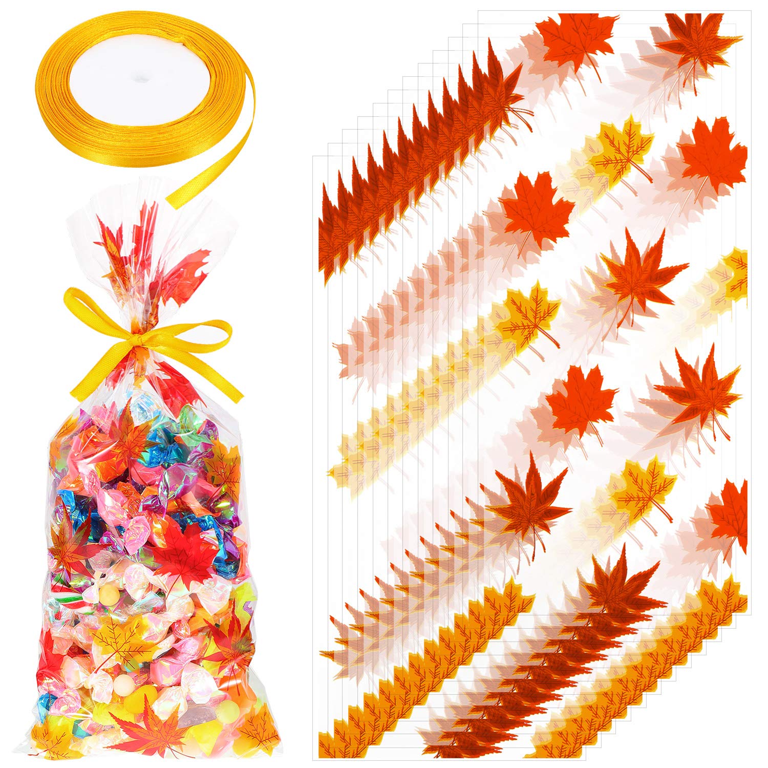 100 Pieces Fall Cellophane Bags Thanksgiving Halloween Party Favor Maple Leaf Cello Autumn Treat Bags with A Roll of Orange Ribbon for Chocolate Candy Cookies and Snacks