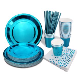 blue birthday party decorations party supplies heavy duty disposable metallic blue paper plates and napkins dinnerware set for halloween,baby shower,wedding-125pcs