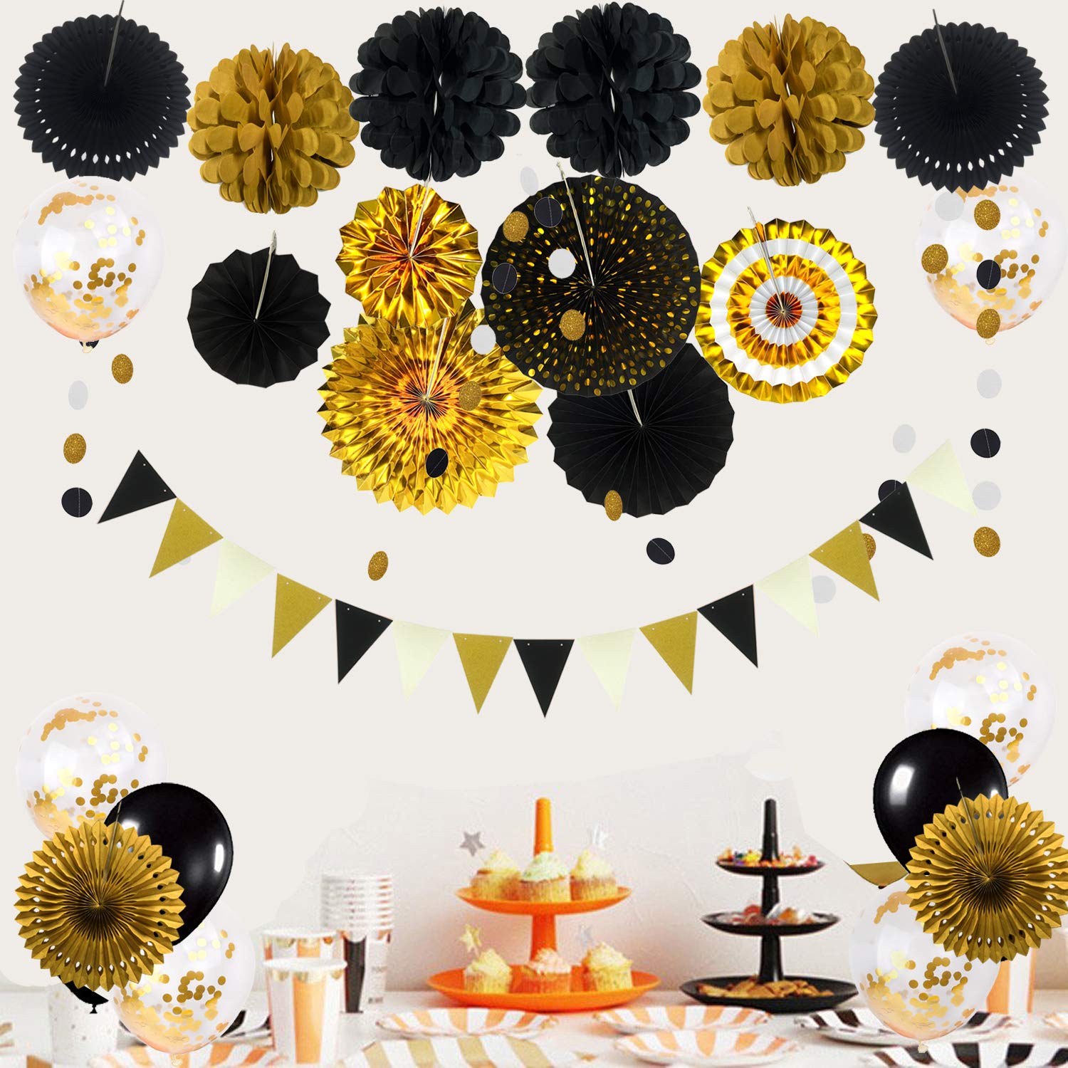 ZERODECO Black and Gold Party Decorations, Confetti Balloons Decorative Folding Fans Paper Pompoms Triangle Bunting Flags Garlands for Graduation Wedding Birthday Photo Backdrop Party Decorations