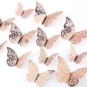 aiex 24pcs 3d butterfly stickers 3 sizes wall decals room decoration for bedroom party wedding (rose gold)