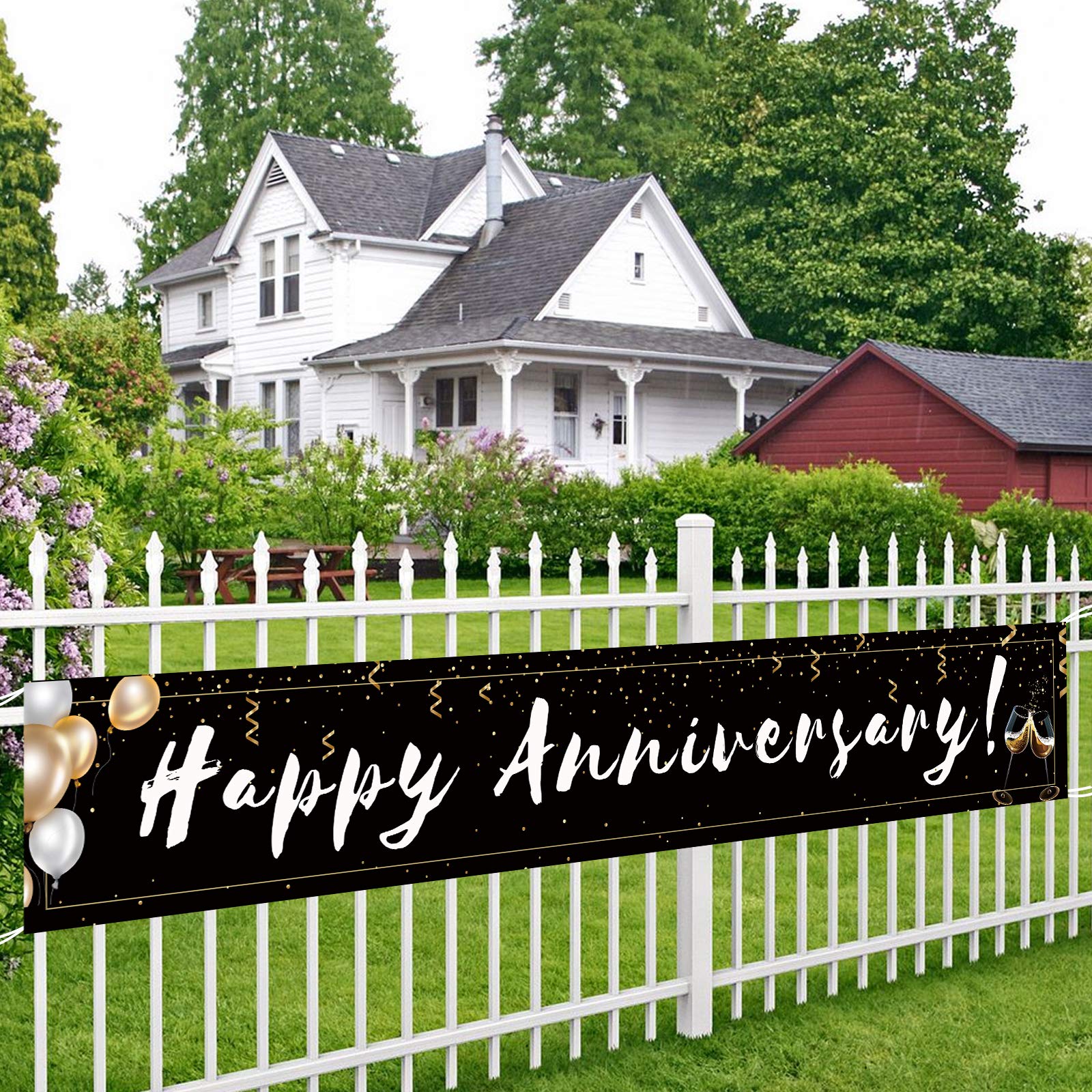 TZSS Happy Anniversary Decorations, Black Happy Anniversary Banner Yard Signs, Wedding Anniversary Decorations for Party（118" X 20"）