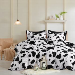 bedsum 2 pieces microfiber queen duvet cover set, ultra soft milk cow printed comforter cover set with zipper closure and corner ties, black and white