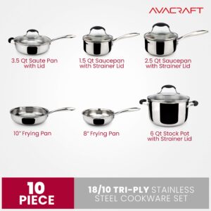 AVACRAFT 18/10 Stainless Steel Cookware Set, Premium Pots and Pans Set, Kitchen Essentials for cooking, Multi-Ply Body Stainless Steel Pan Set, 10-Piece Sets