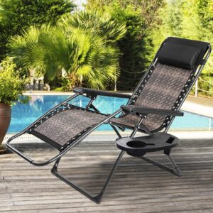 incbruce zero gravity folding recliner chair, adjustable patio lounge chaise, outdoor wicker rattan furniture with cup holder and pillow for poolside, yard, beach (gradient brown)