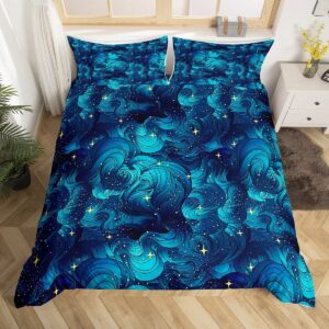 erosebridal starry sky comforter cover, fantasy night stars nebula comic cartoon curled wave japanese style duvet cover, decorative 3 piece bedding set with 2 pillow shams, full size, blue gold