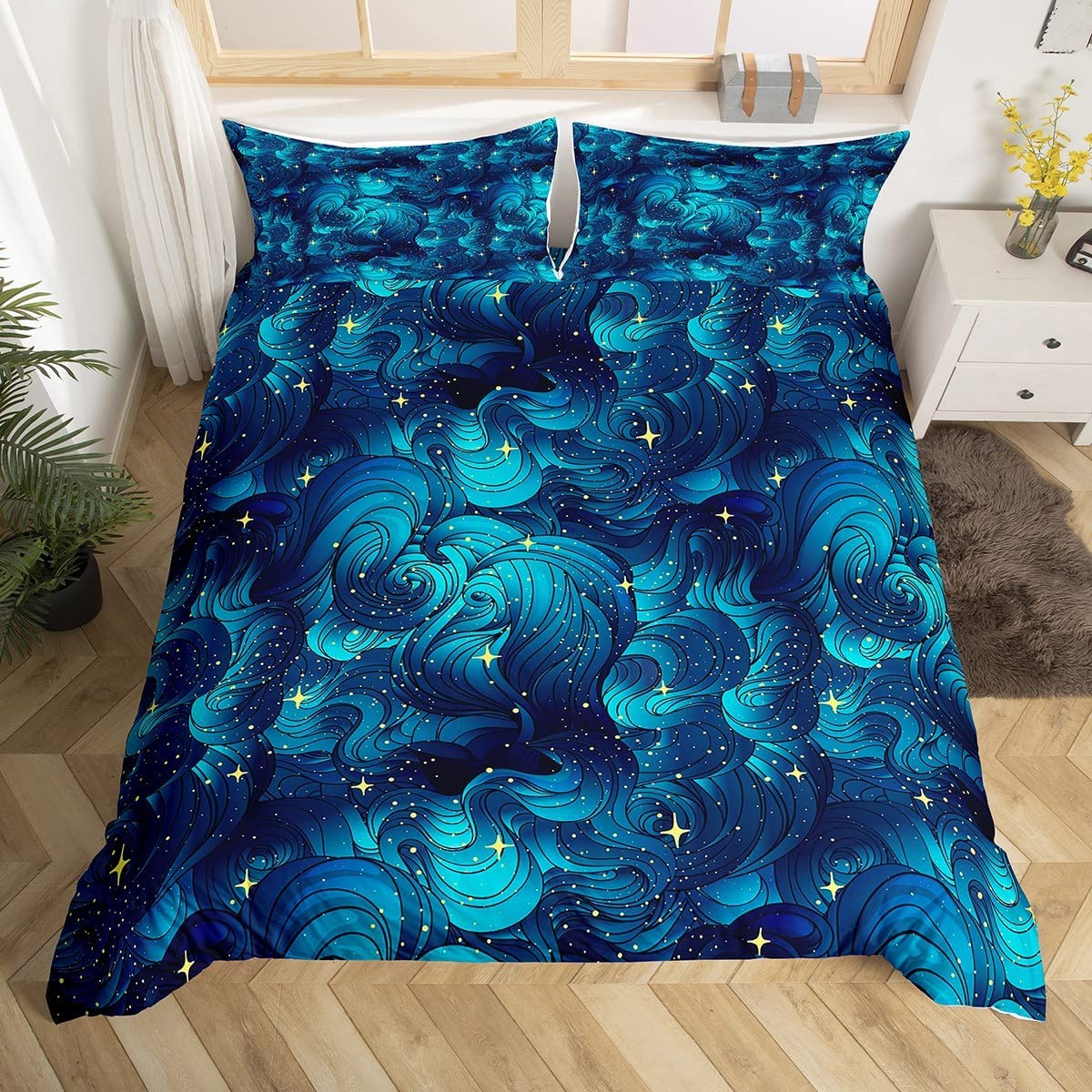 Erosebridal Starry Sky Comforter Cover, Fantasy Night Stars Nebula Comic Cartoon Curled Wave Japanese Style Duvet Cover, Decorative 3 Piece Bedding Set with 2 Pillow Shams, Full Size, Blue Gold