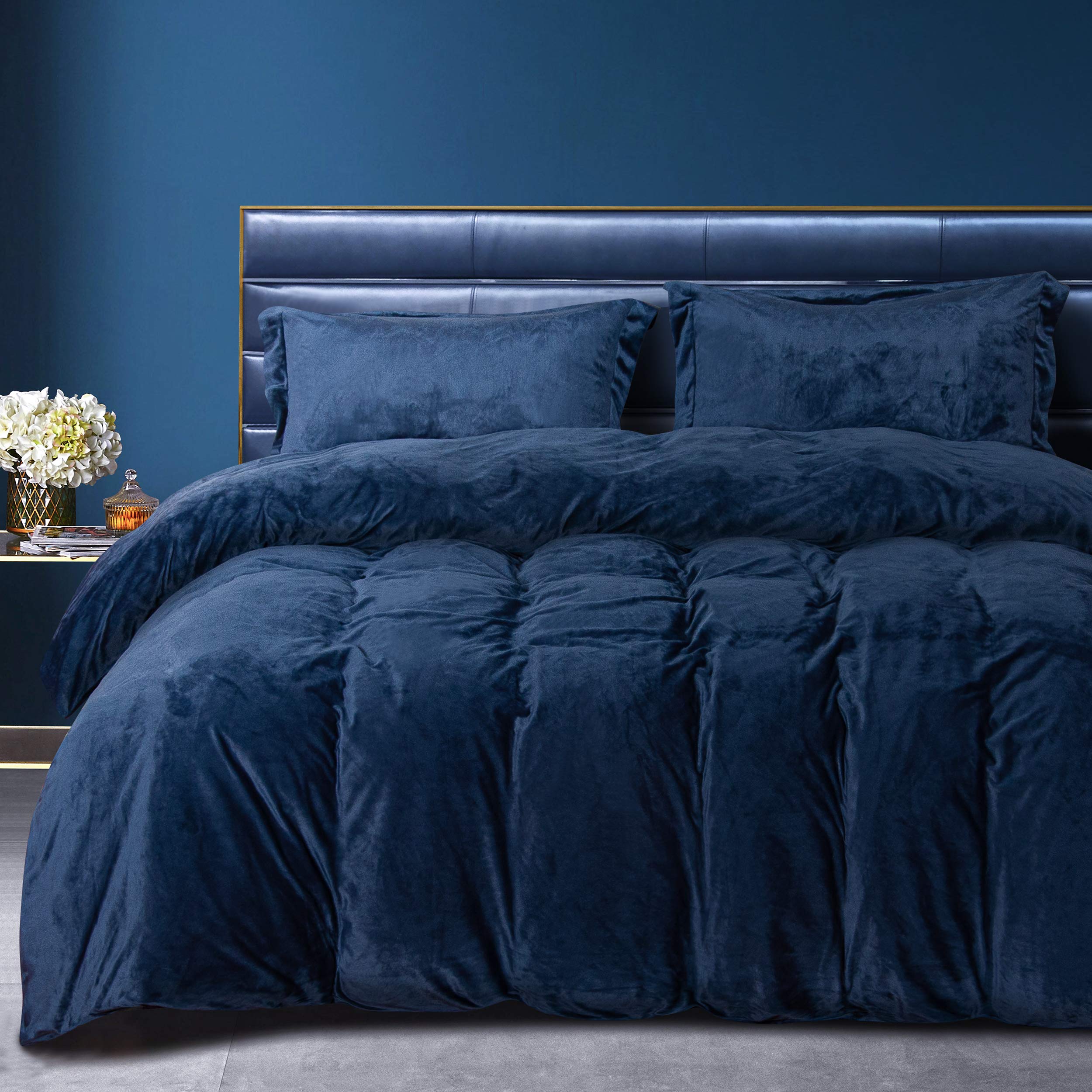 FLXXIE Velvet Duvet Cover Set, 3 Pieces Luxury Ultra Soft Zippered Flannel Comforter Cover Set, Navy Blue, King