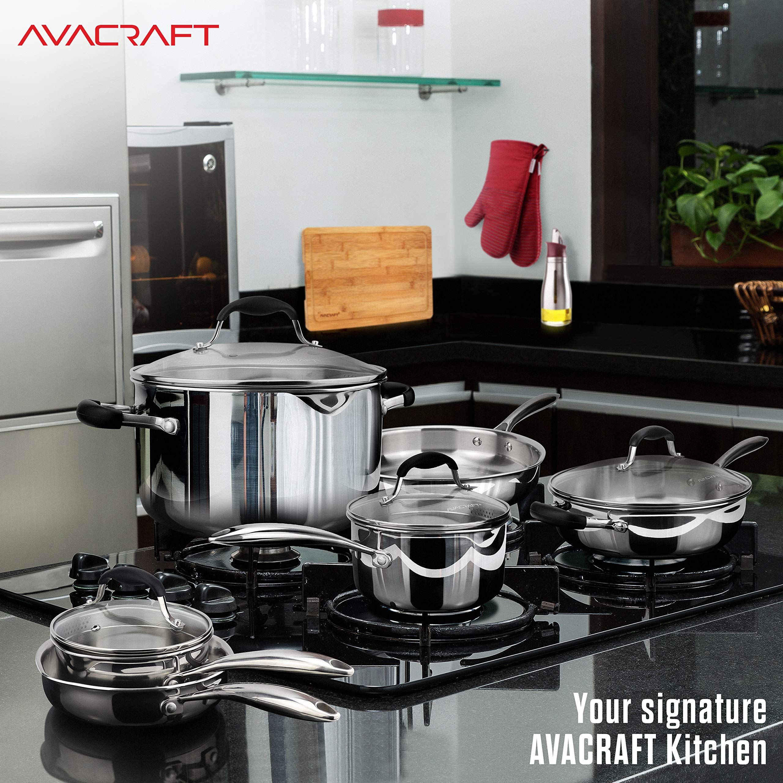 AVACRAFT 18/10 Stainless Steel Cookware Set, Premium Pots and Pans Set, Kitchen Essentials for cooking, Multi-Ply Body Stainless Steel Pan Set, 10-Piece Sets