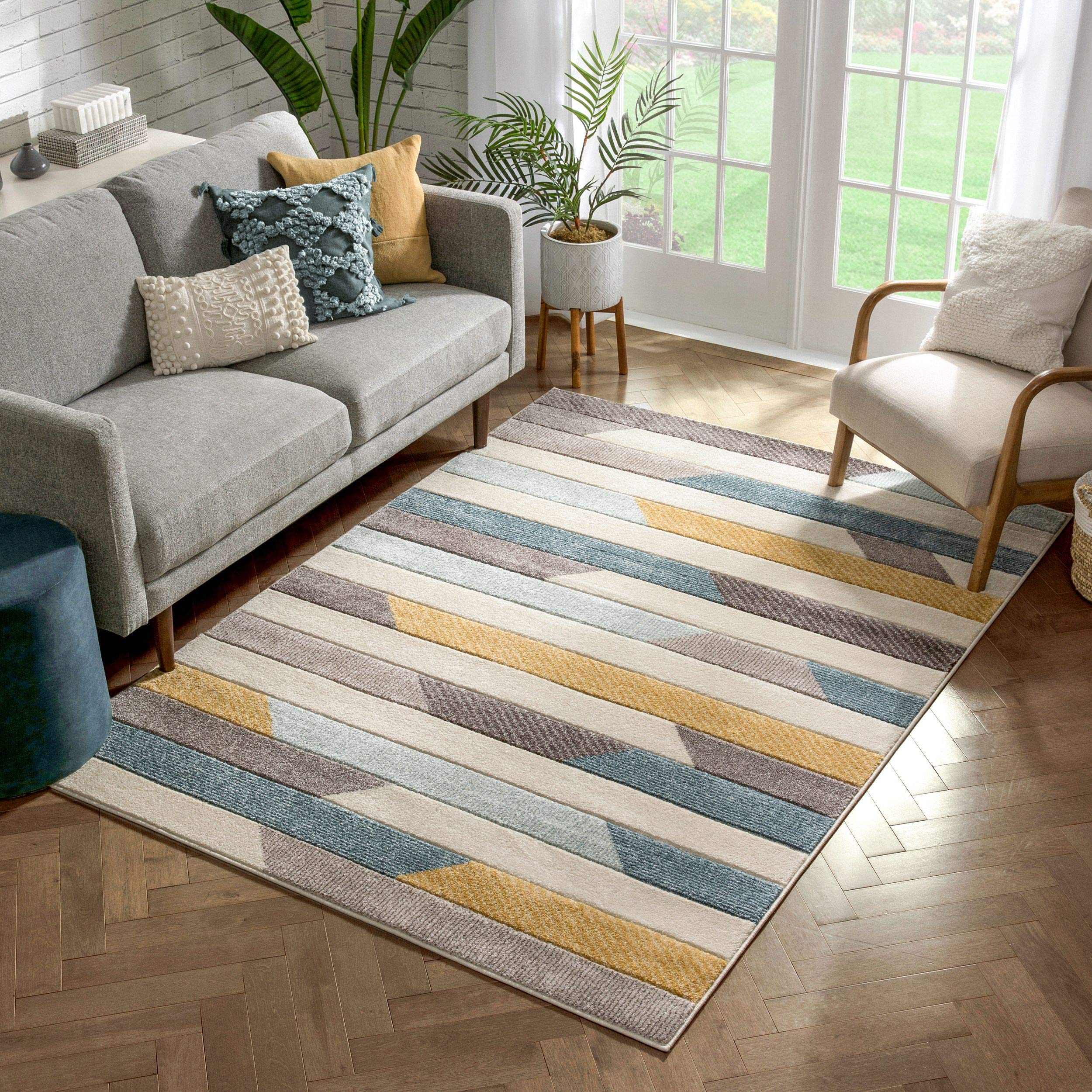 Well Woven Ruby Geometric 8x10 Area Rug Blue Gold & Grey Vibrant Modern Contemporary Hand Carved Stripes Design Perfect for Living Room Dining Room or Bedroom Plush Easy-Care Easy-to-Clean Carpet