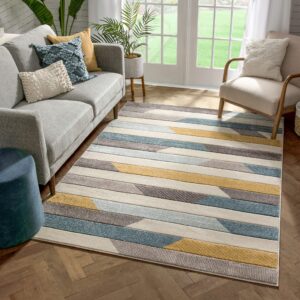 well woven ruby geometric 8x10 area rug blue gold & grey vibrant modern contemporary hand carved stripes design perfect for living room dining room or bedroom plush easy-care easy-to-clean carpet