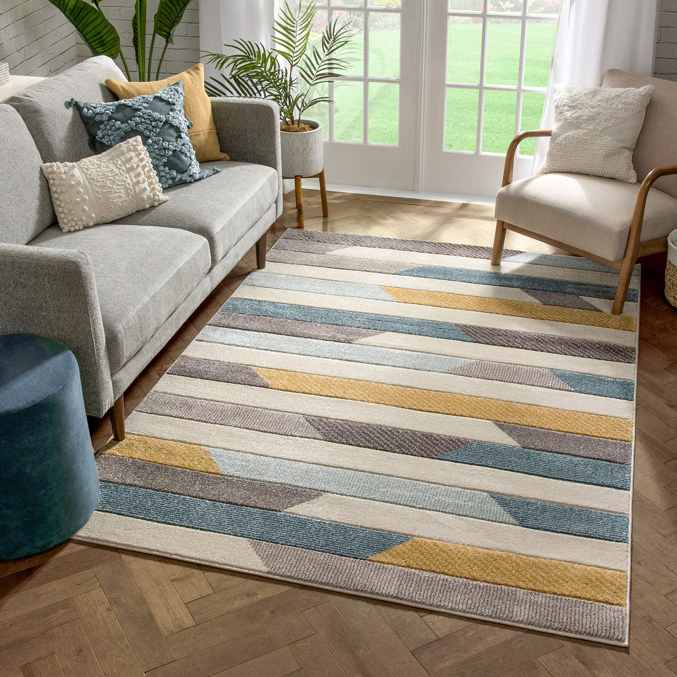 Well Woven Ruby Geometric 8x10 Area Rug Blue Gold & Grey Vibrant Modern Contemporary Hand Carved Stripes Design Perfect for Living Room Dining Room or Bedroom Plush Easy-Care Easy-to-Clean Carpet