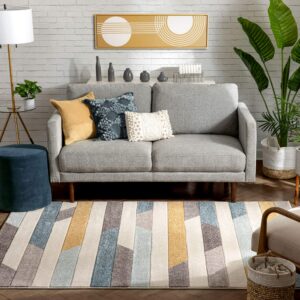 Well Woven Ruby Geometric 8x10 Area Rug Blue Gold & Grey Vibrant Modern Contemporary Hand Carved Stripes Design Perfect for Living Room Dining Room or Bedroom Plush Easy-Care Easy-to-Clean Carpet