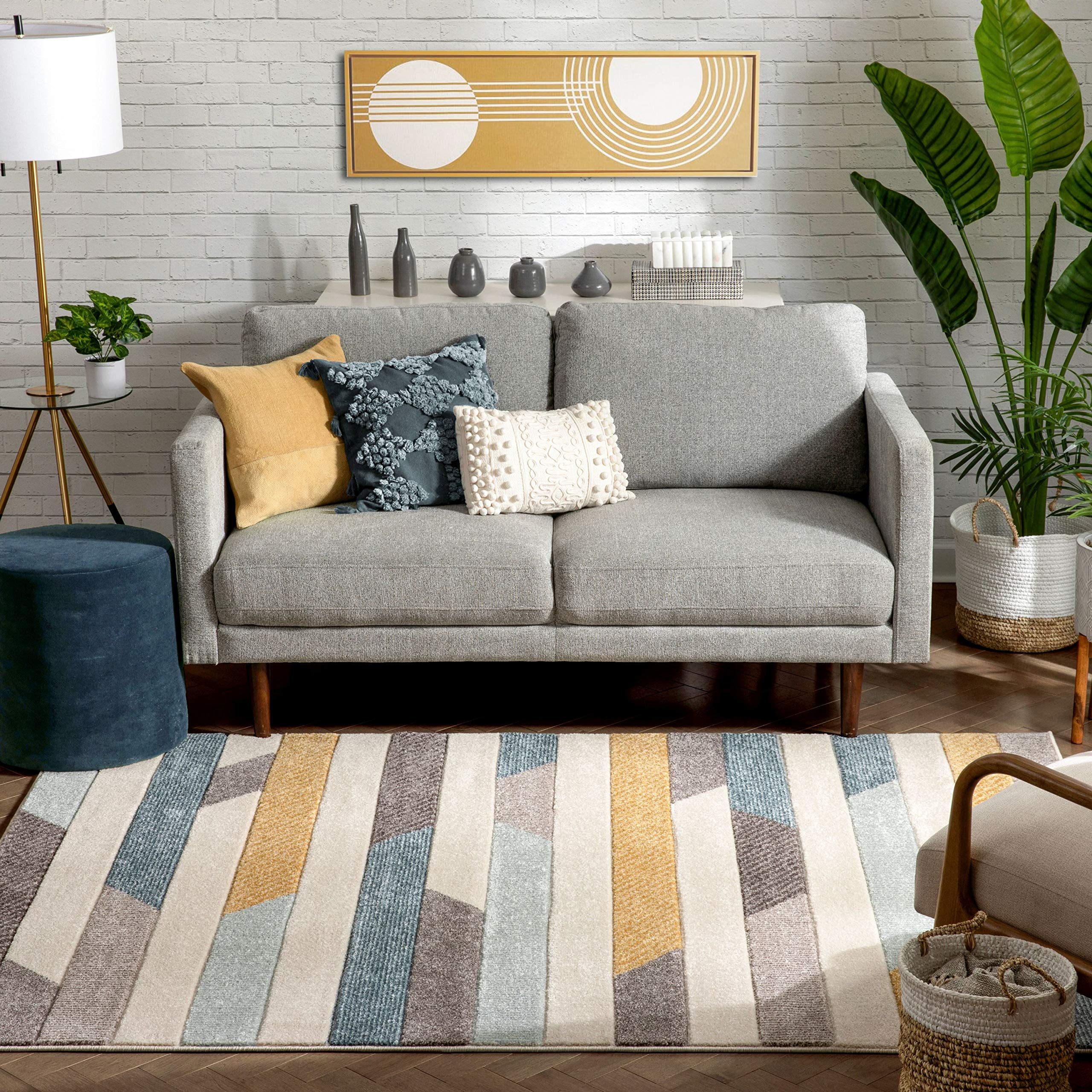 Well Woven Ruby Geometric 8x10 Area Rug Blue Gold & Grey Vibrant Modern Contemporary Hand Carved Stripes Design Perfect for Living Room Dining Room or Bedroom Plush Easy-Care Easy-to-Clean Carpet