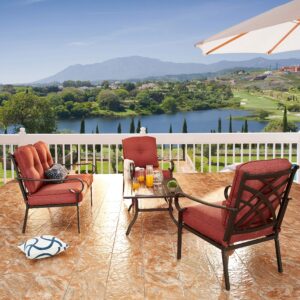 LOKATSE HOME Patio Cushioned Furniture Outdoor Bistro Loveseat, 2 Single Sofa Chairs, 1 Coffee Table, 4 Piece Conversation Set, Red