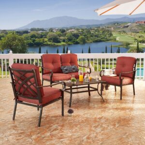 lokatse home patio cushioned furniture outdoor bistro loveseat, 2 single sofa chairs, 1 coffee table, 4 piece conversation set, red