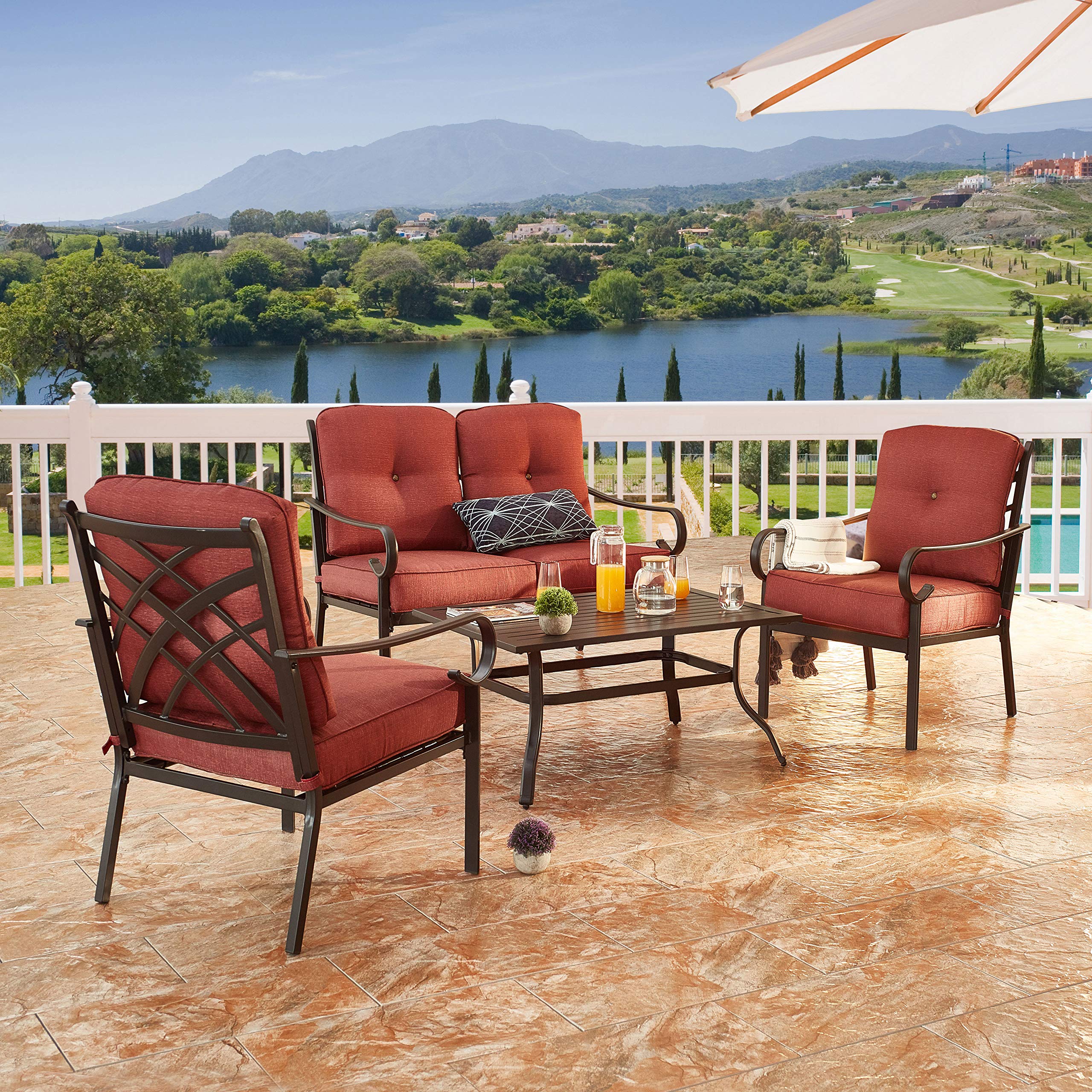 LOKATSE HOME Patio Cushioned Furniture Outdoor Bistro Loveseat, 2 Single Sofa Chairs, 1 Coffee Table, 4 Piece Conversation Set, Red