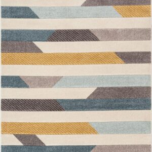 Well Woven Ruby Geometric 8x10 Area Rug Blue Gold & Grey Vibrant Modern Contemporary Hand Carved Stripes Design Perfect for Living Room Dining Room or Bedroom Plush Easy-Care Easy-to-Clean Carpet