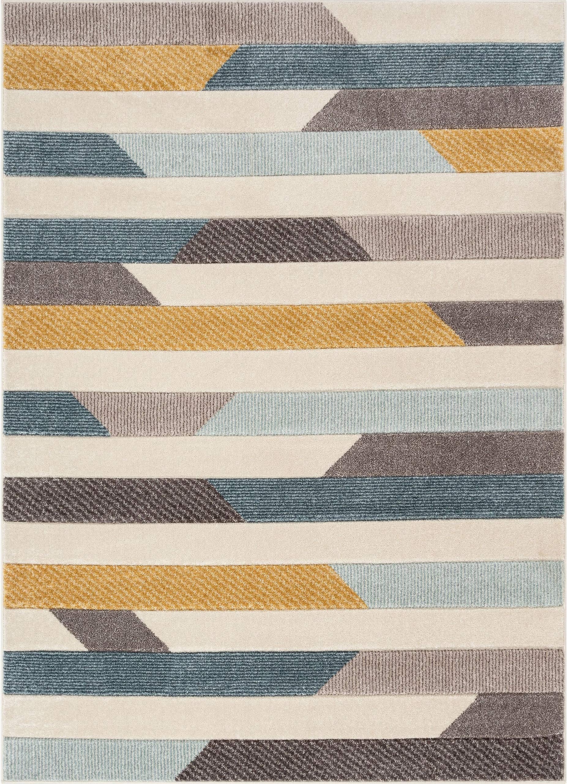 Well Woven Ruby Geometric 8x10 Area Rug Blue Gold & Grey Vibrant Modern Contemporary Hand Carved Stripes Design Perfect for Living Room Dining Room or Bedroom Plush Easy-Care Easy-to-Clean Carpet