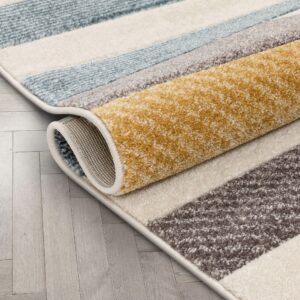 Well Woven Ruby Geometric 8x10 Area Rug Blue Gold & Grey Vibrant Modern Contemporary Hand Carved Stripes Design Perfect for Living Room Dining Room or Bedroom Plush Easy-Care Easy-to-Clean Carpet