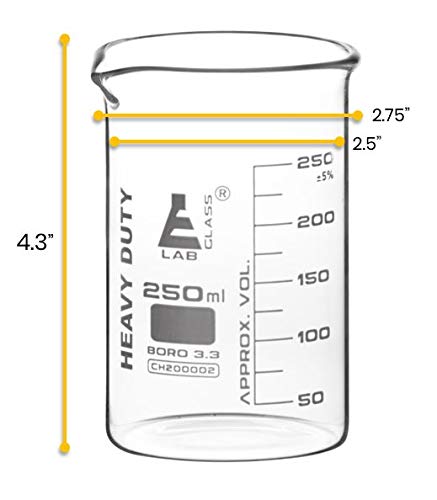 EISCO 12PK Heavy Duty Beakers, 250ml - 5mm Thick, Uniform Walls - Superior Durability & Chemical Resistance - White Graduations - Borosilicate 3.3 Glass