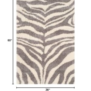 SAFAVIEH Portofino Shag Collection Accent Rug - 3' x 5', Ivory & Grey, Zebra Design, Non-Shedding & Easy Care, 2-inch Thick Ideal for High Traffic Areas in Foyer, Living Room, Bedroom (PTS215A)